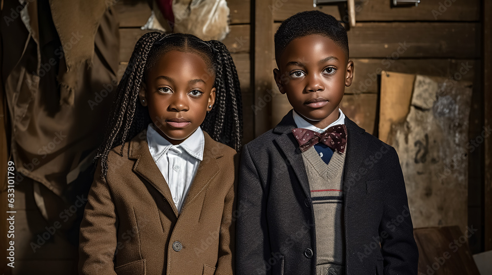 portrait of dark-skinned brother and sister 9-12 years old standing ...