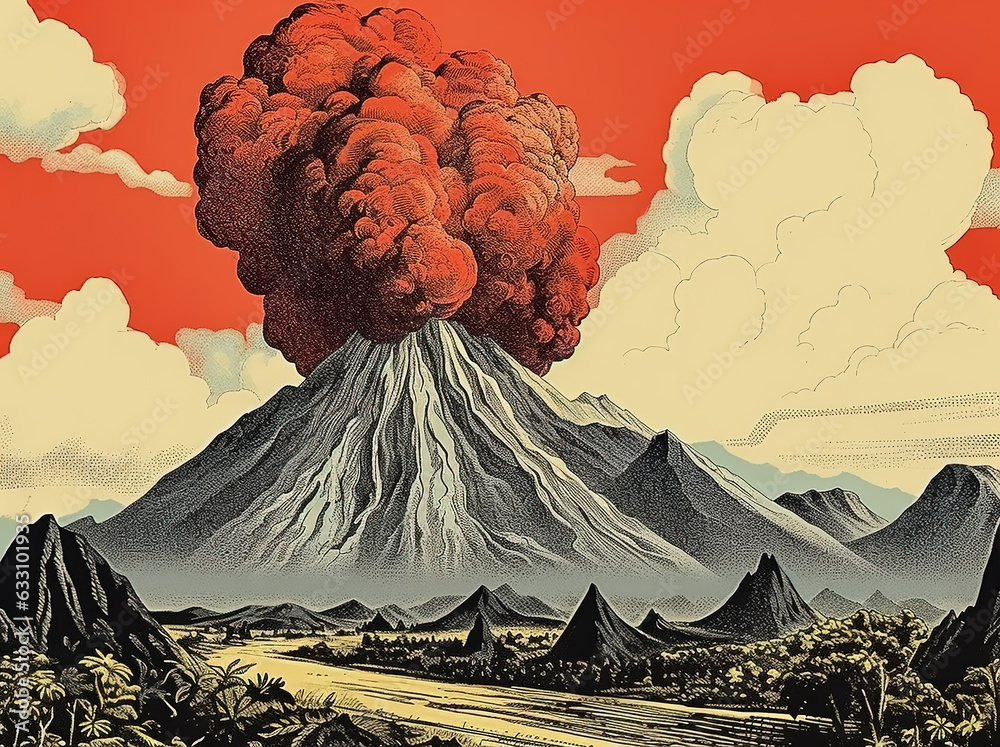 Vintage lithograph depicting a volcanic eruption Stock Illustration ...