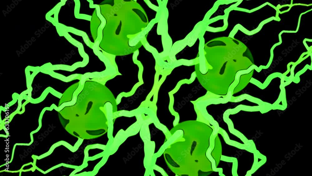 Animation with balls and moving lines of electricity. Design. Pattern ...