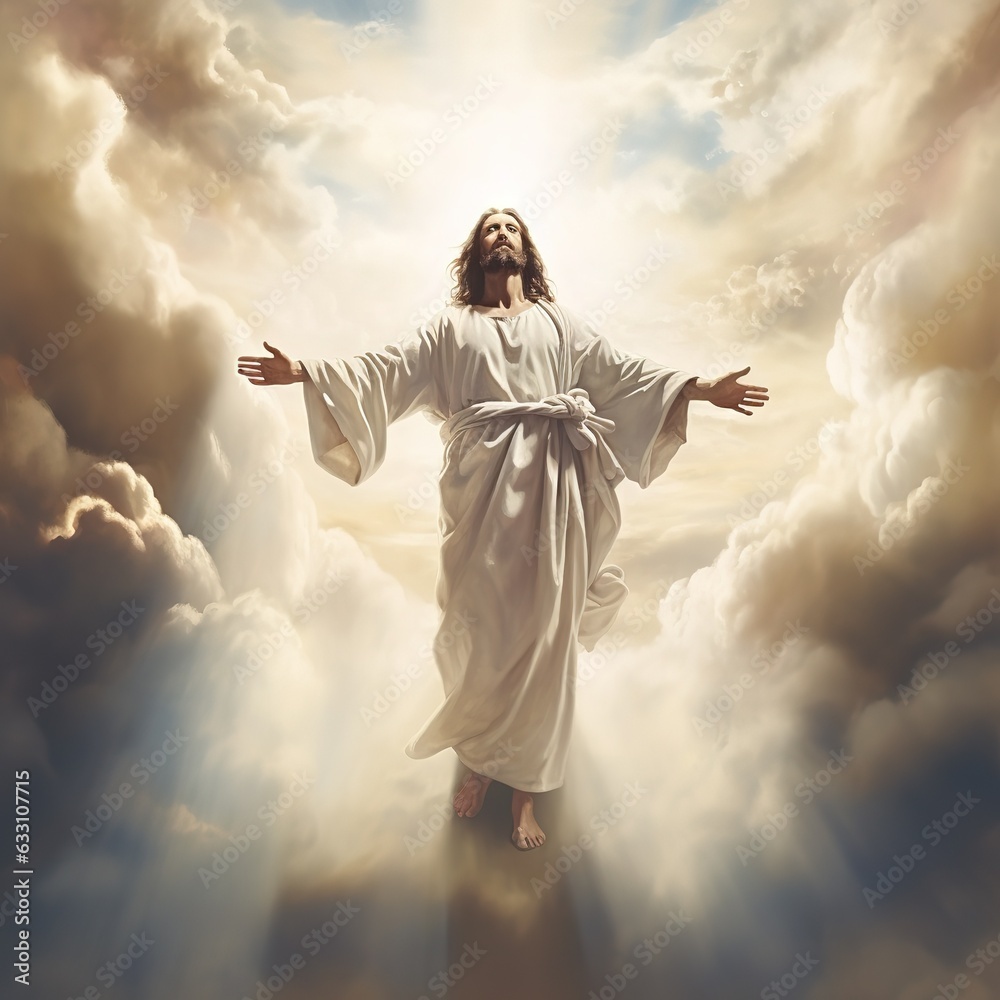 Jesus Christ ascends to heaven over a bright light sky and clouds ...