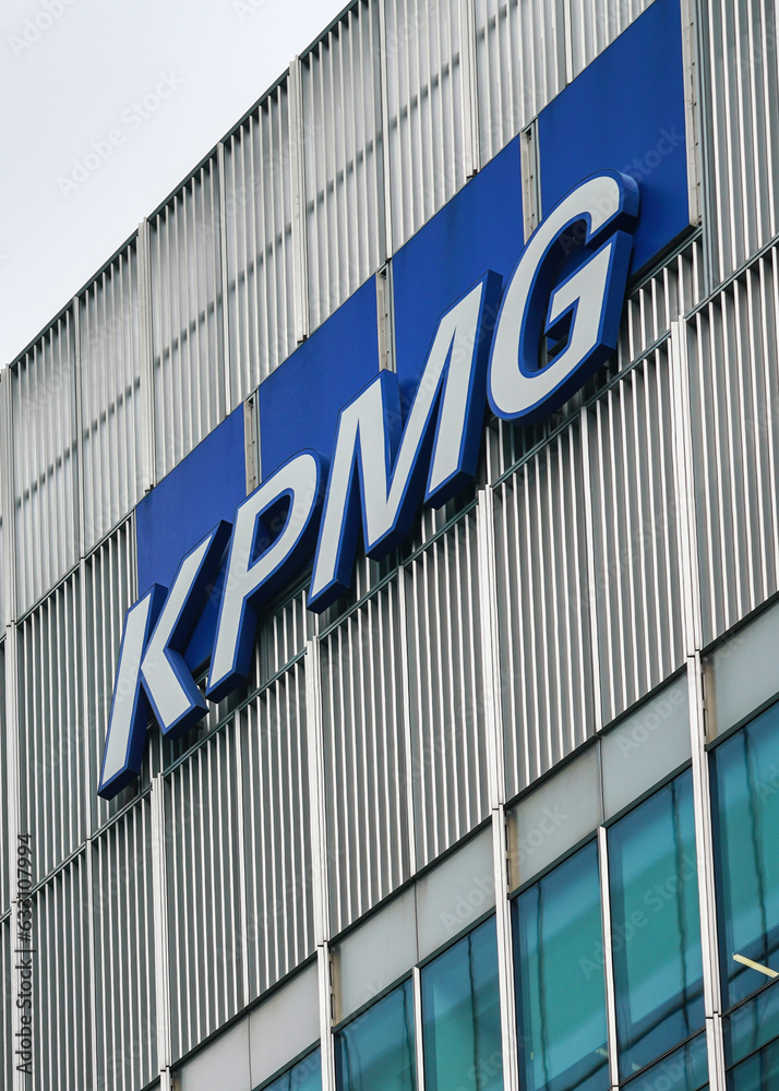 London, United Kingdom - May 18, 2023: Blue KPMG signage at their ...
