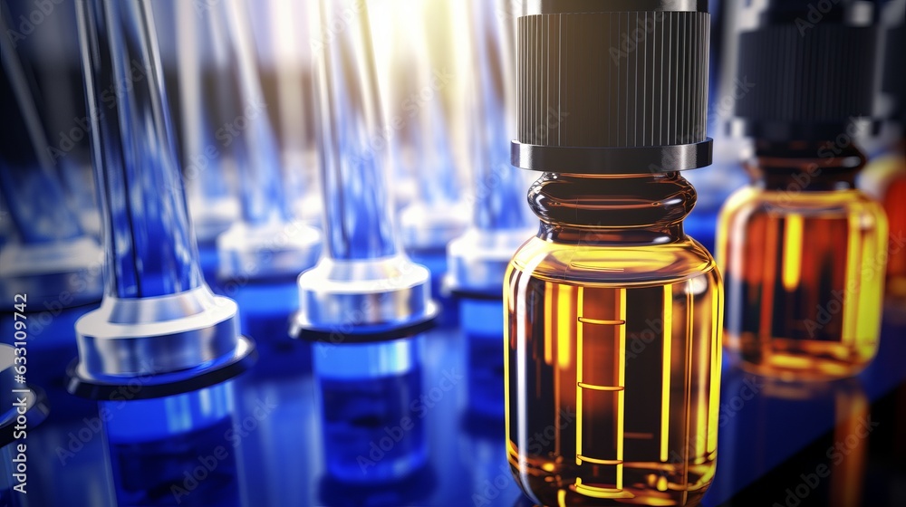 Amber bottles with yellow liquid, groups of small amber bottles with ...