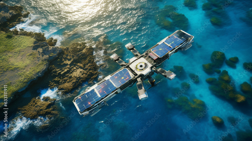 Solar-powered AI drones conducting environmental monitoring over a ...