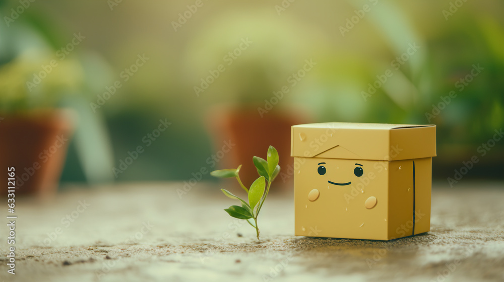 Sad cardboard box in the rain near a green sprout. Concept of a bad and ...
