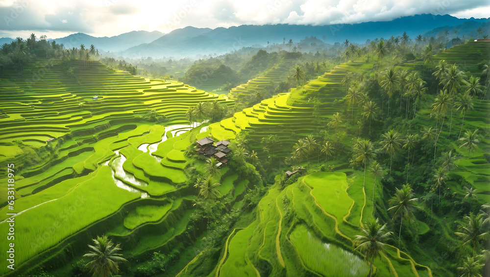 Aerial View Of Rice Terraces landscape With Drone Agricultural Air Rice ...