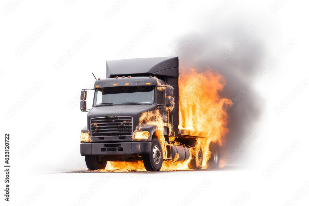 Black semi truck on fire with silver grill and bumper on a white ...