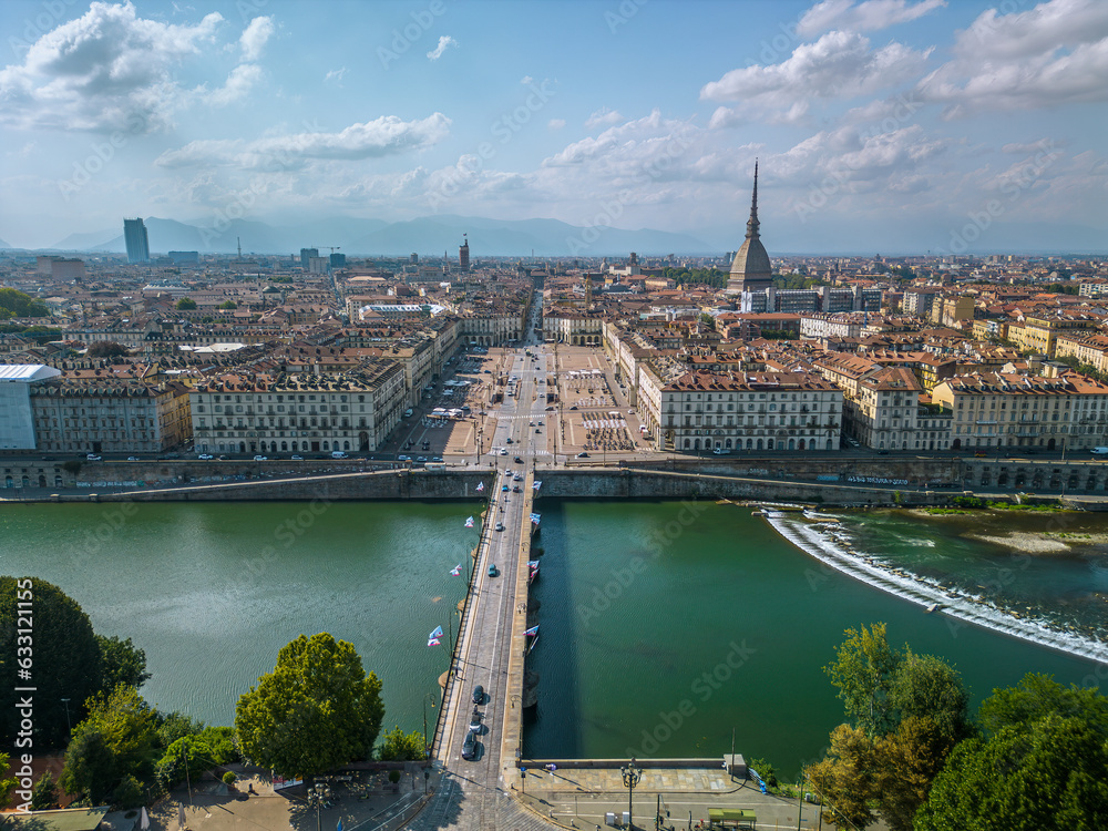 The drone aerial view of Turin city centre with Mole Antonelliana and ...
