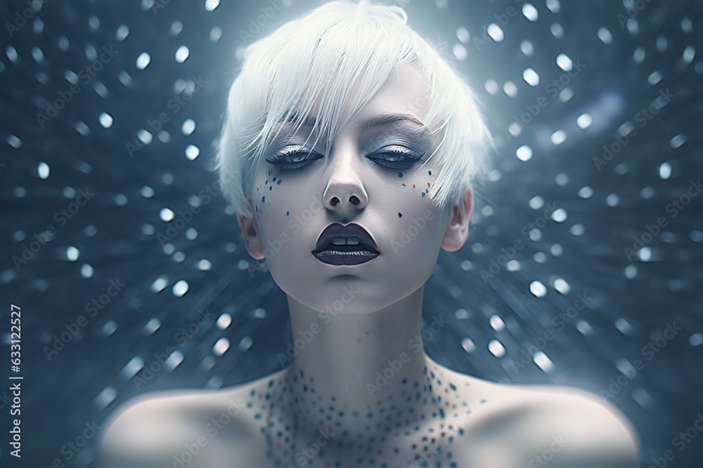 Portrait of a beautiful futuristic punk girl with bright modern make up ...