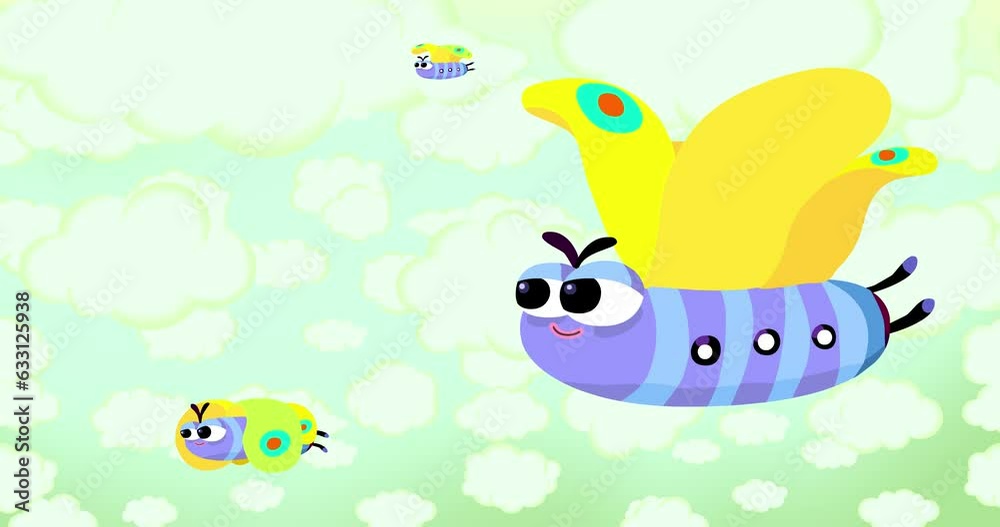 Cartoon character blue yellow moth butterfly flying loop on day clouds ...