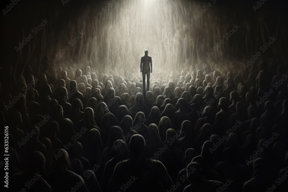 Silhouette standing out from creepy crowd. Suffering of soul in other ...