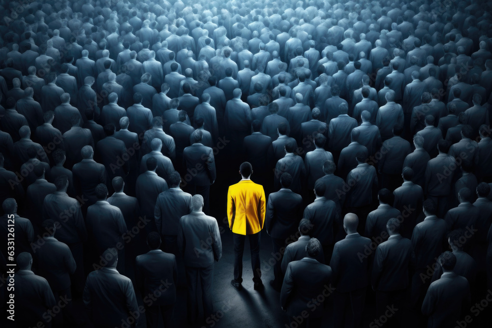 Back view of people and man stand out from crowd. Concept of ...