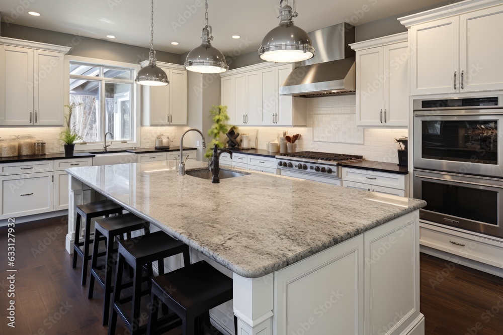In the kitchen design, a spacious bar style kitchen island with a ...