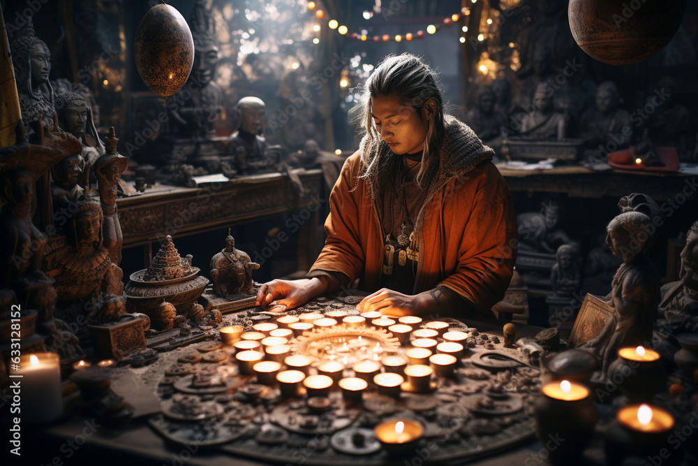 person offering prayers while surrounded by religious artifacts ...