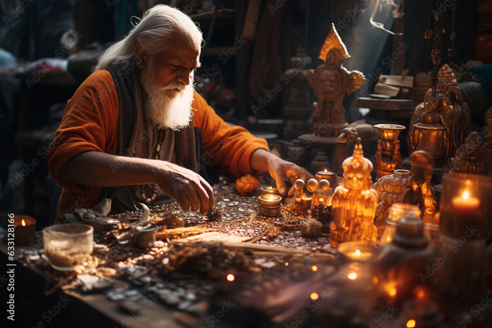 person offering prayers while surrounded by religious artifacts ...