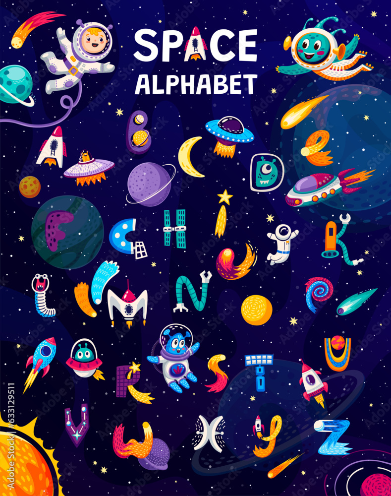 Cartoon space alphabet, vector set of fun and playful letters with ...