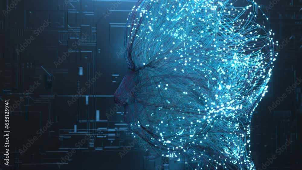 AI concept and big data concept with digital blue human face profile ...