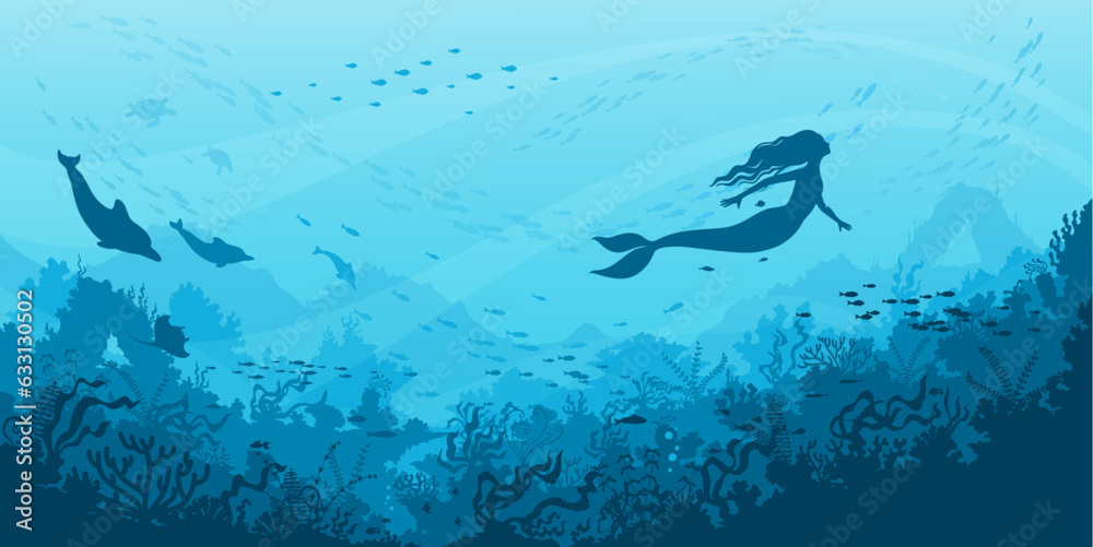 Mermaid silhouette and fish shoals. Underwater sea landscape vector ...