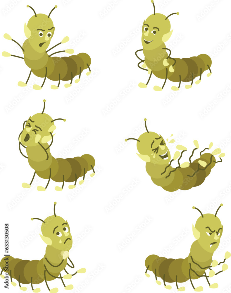 Funny cute green centipede shows different emotions. Happy, grumpy ...