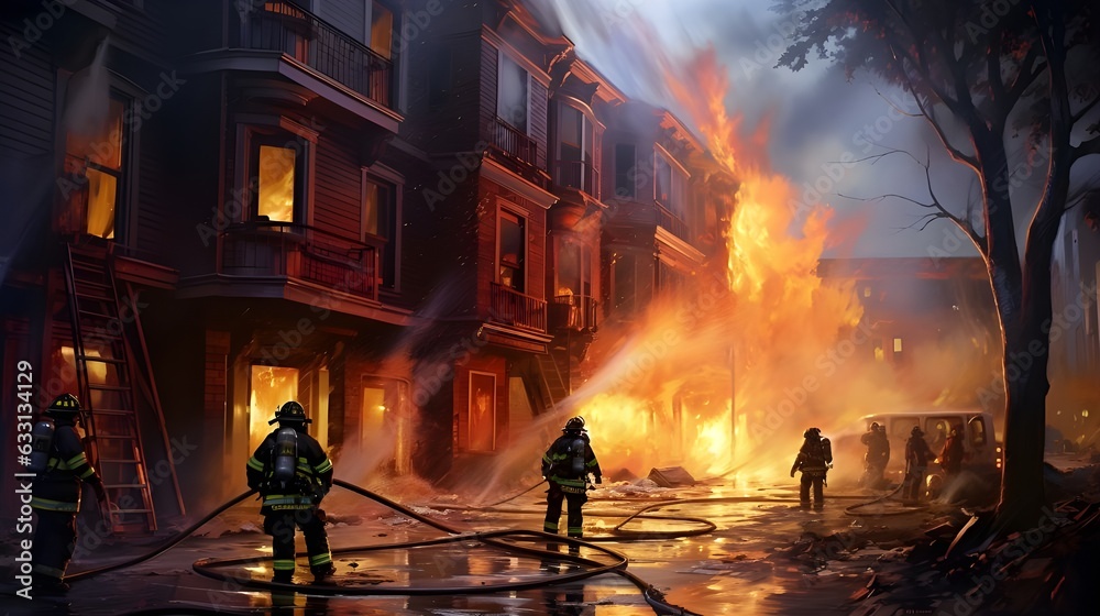 Building on fire, burning apartment house, fire department, firemen ...