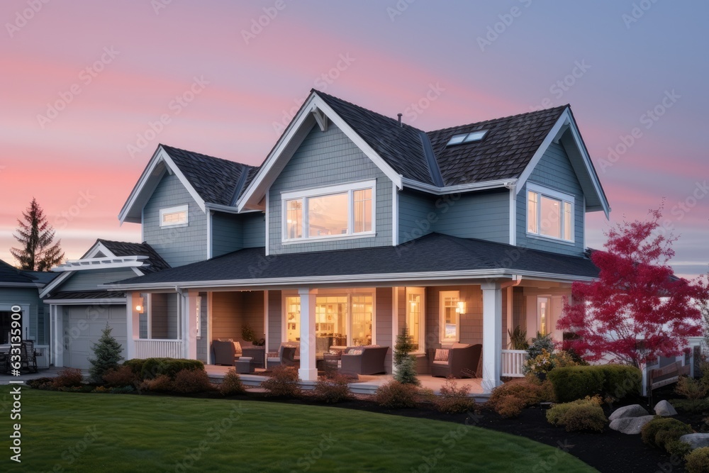 The luxurious American single family home has a pitched roof attic ...