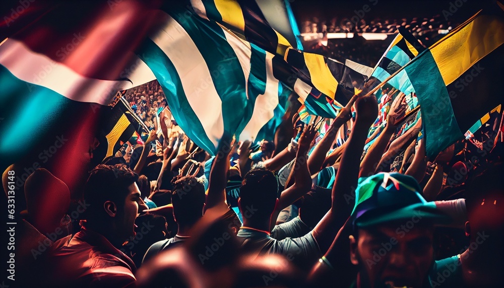 The atmosphere in the football stadium is lively, with a sea of ...