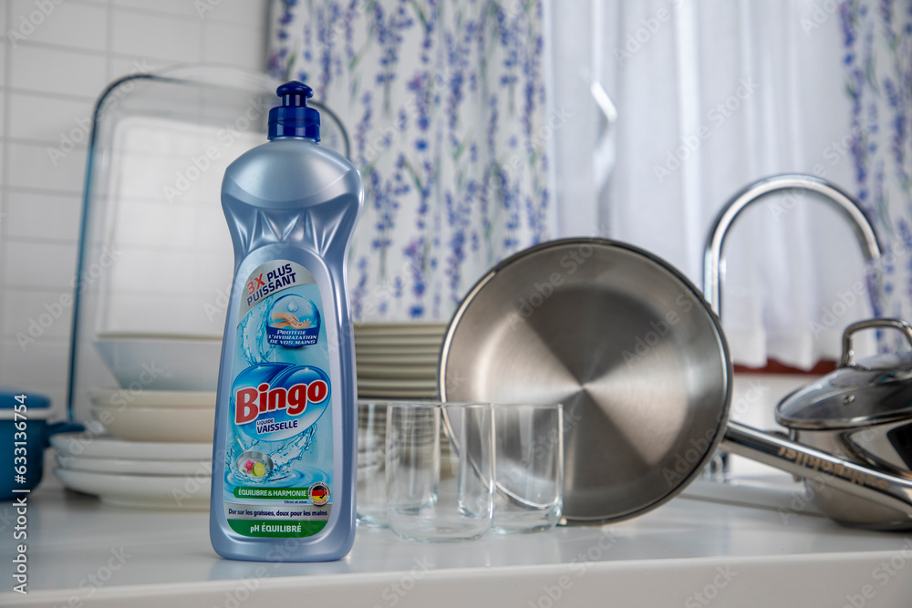 Istanbul, Turkey - 08.08.2023 Bingo dish soap is in front of the clean ...