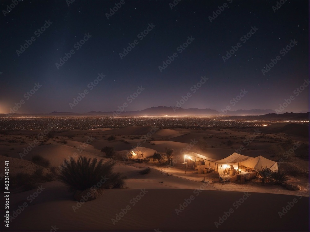 The beautiful Egyptian Sinai desert. Bedouin village. palm tree. Night ...