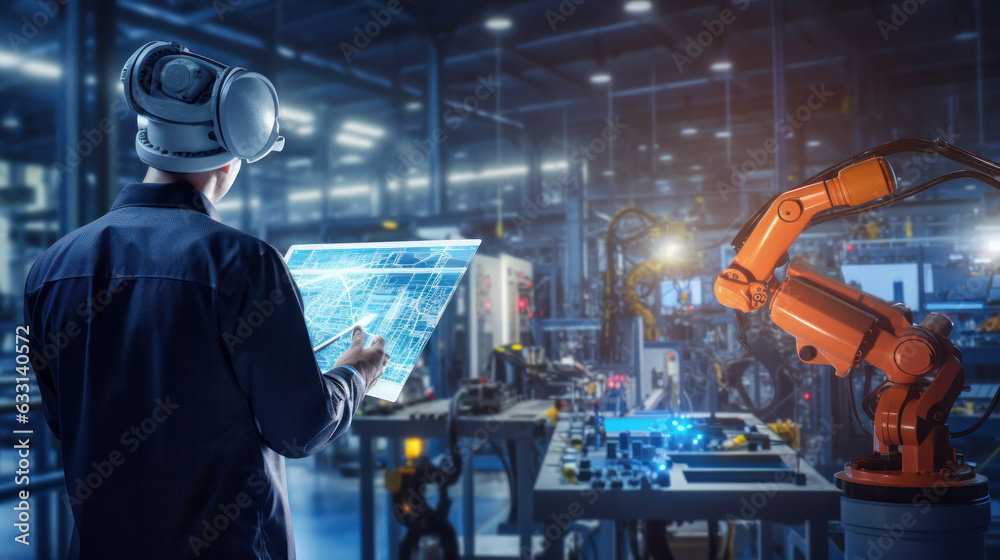 Manager Technical Industrial Engineer working and control robotics with monitoring system ...