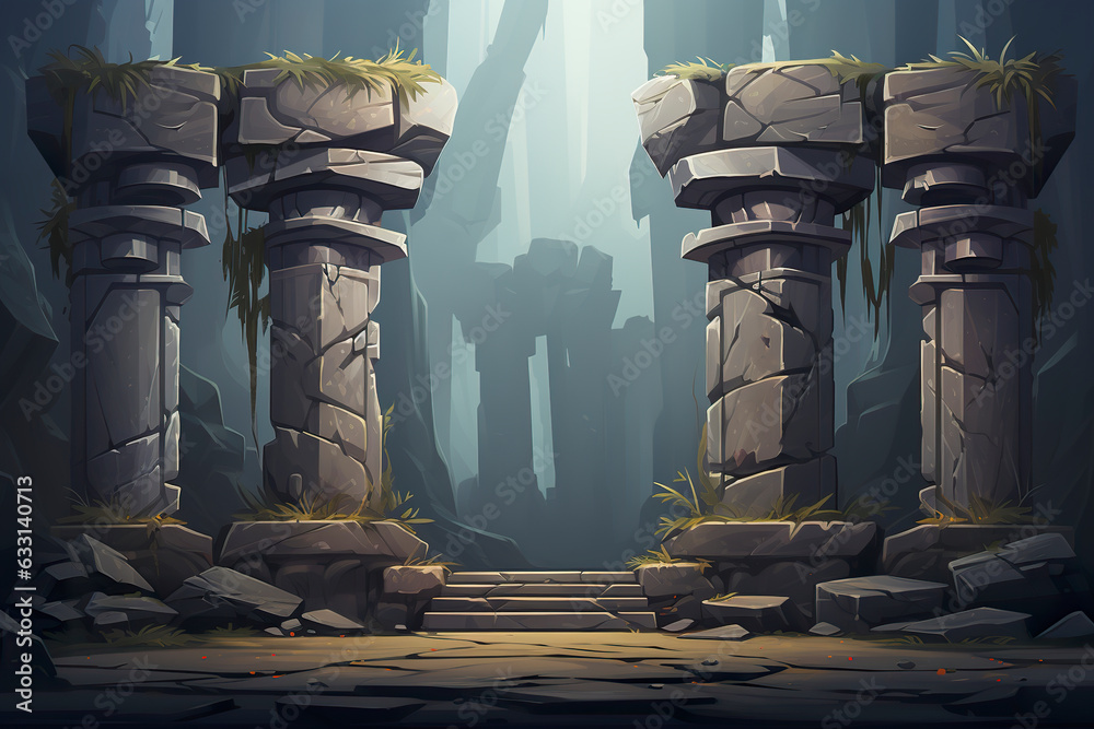 Abstract 2D greek stone pillars background environment for adventure or ...