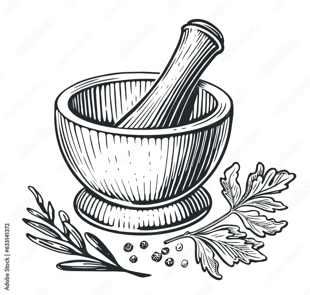 Mortar and pusher for herb grinding isolated on a white background ...
