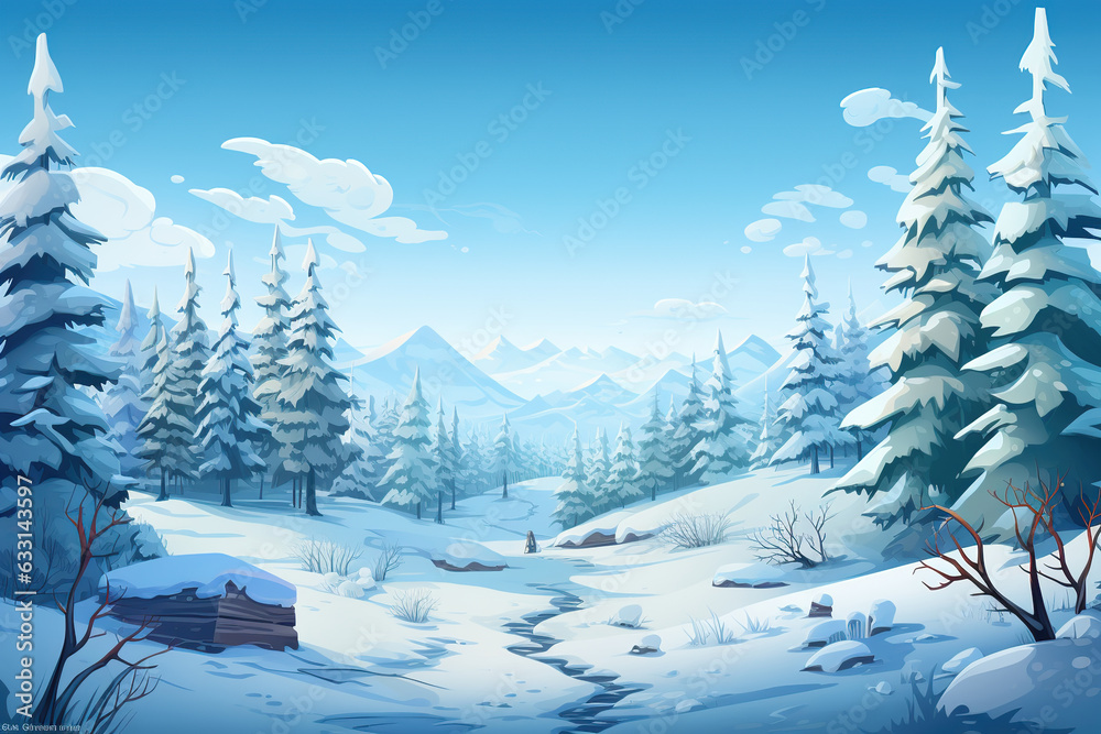 Abstract 2D snowy pine forest background environment for adventure or ...