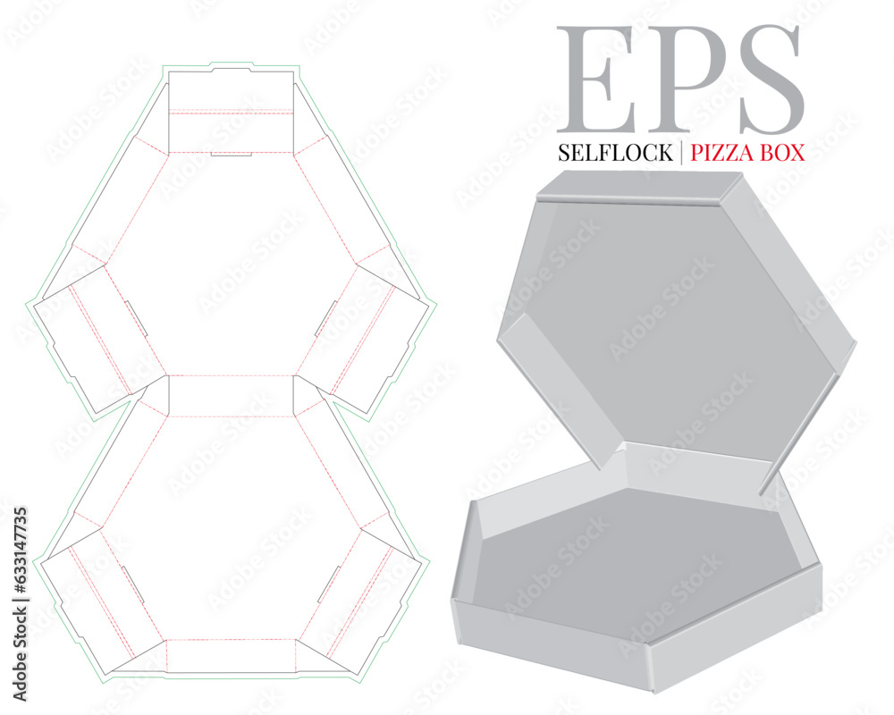 Hexagonal pizza box template, vector with die cut, laser cut lines ...