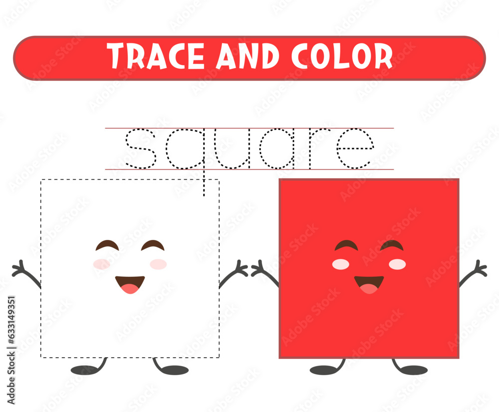 Trace and color cute square. Basic geometric shapes. Worksheet for kids ...