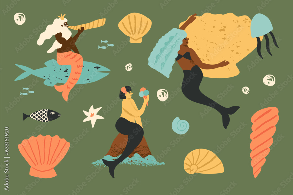 Diverse mermaids set riding the fish, enjoying life, eating ice cream ...