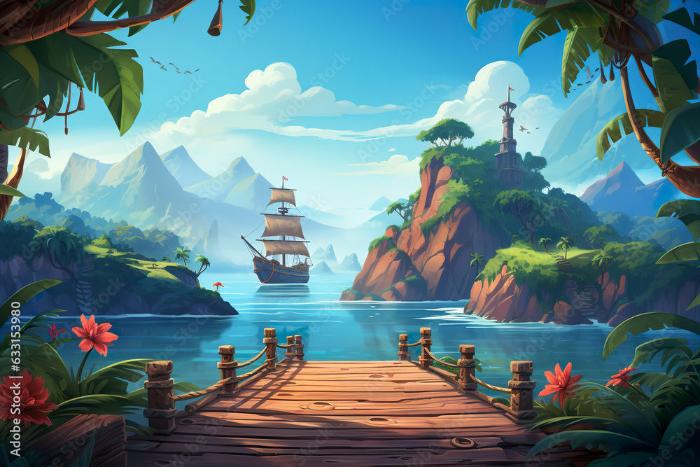 Background environment of 2D abstract tropical pirate ship deck for ...