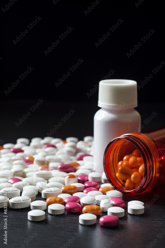 Prescription opioids with many bottles of pills in the background ...