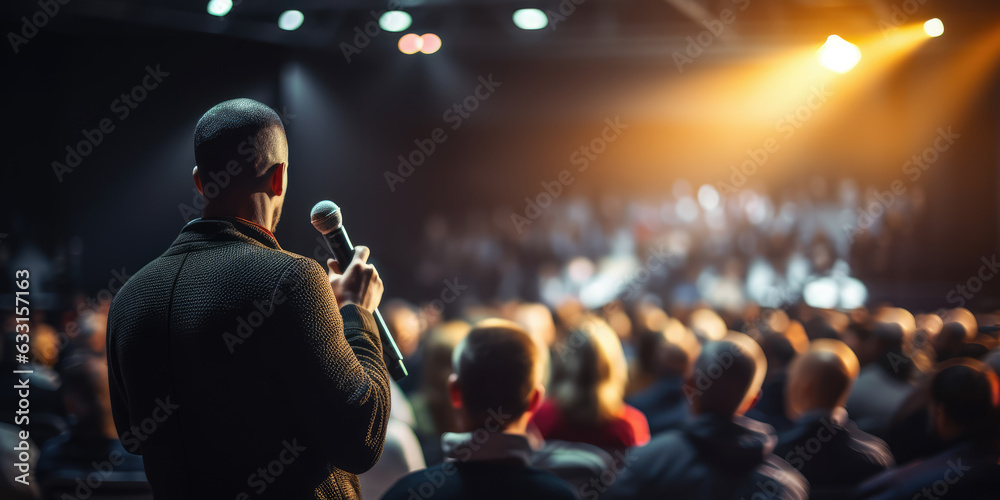 Speaker performing on stage with spotlight talking to many people in ...