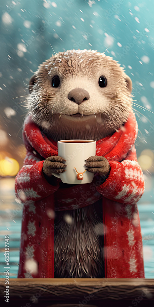 nutria de dibujos animados con jarsey rojo navideño, tomando un cafe en ...