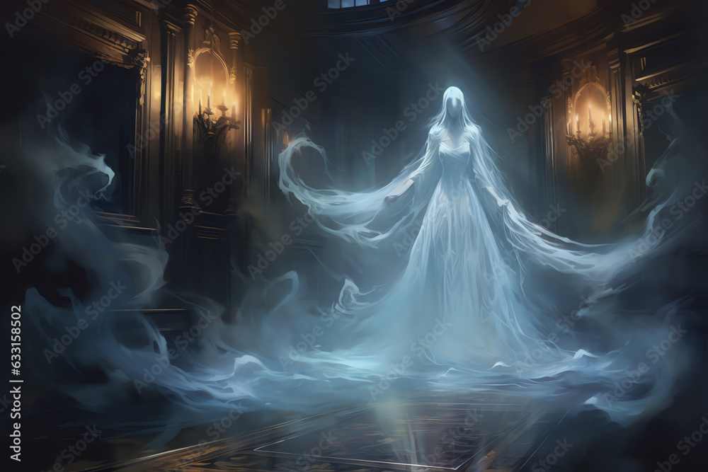 A ghostly figure haunting a dimly lit room, capturing the eerie ...