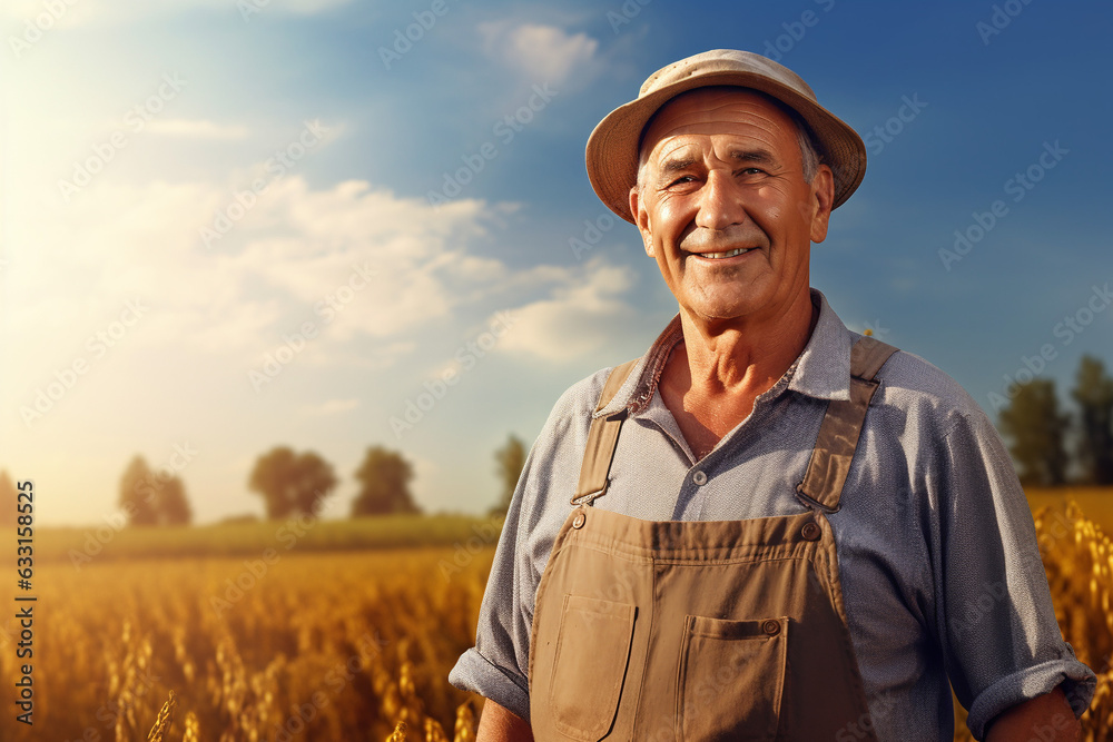 Old man. farmer. man in denim overalls. worker. portrait. yellow box on ...