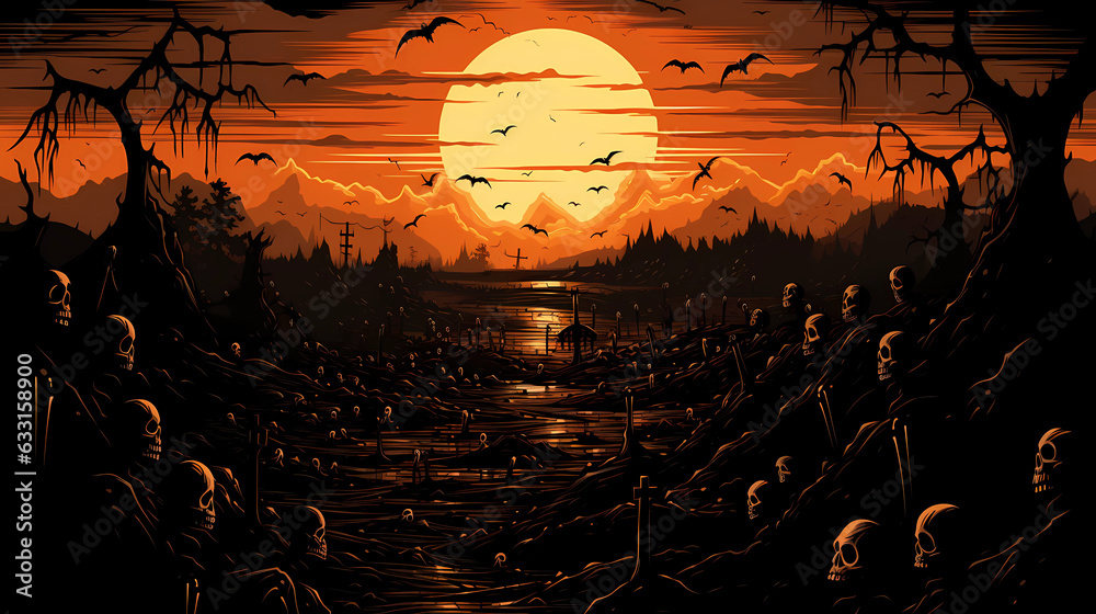pile of skulls in the middle of a sunset landscape for background ...