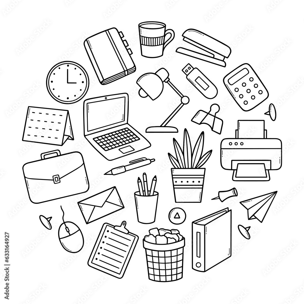 Office supplies doodle set. Office stuff: laptop, printer, lamp ...