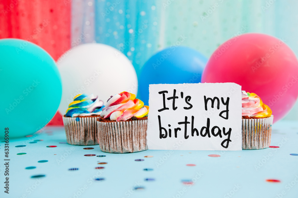It's my birthday - card with text and colorful air balloons and ...