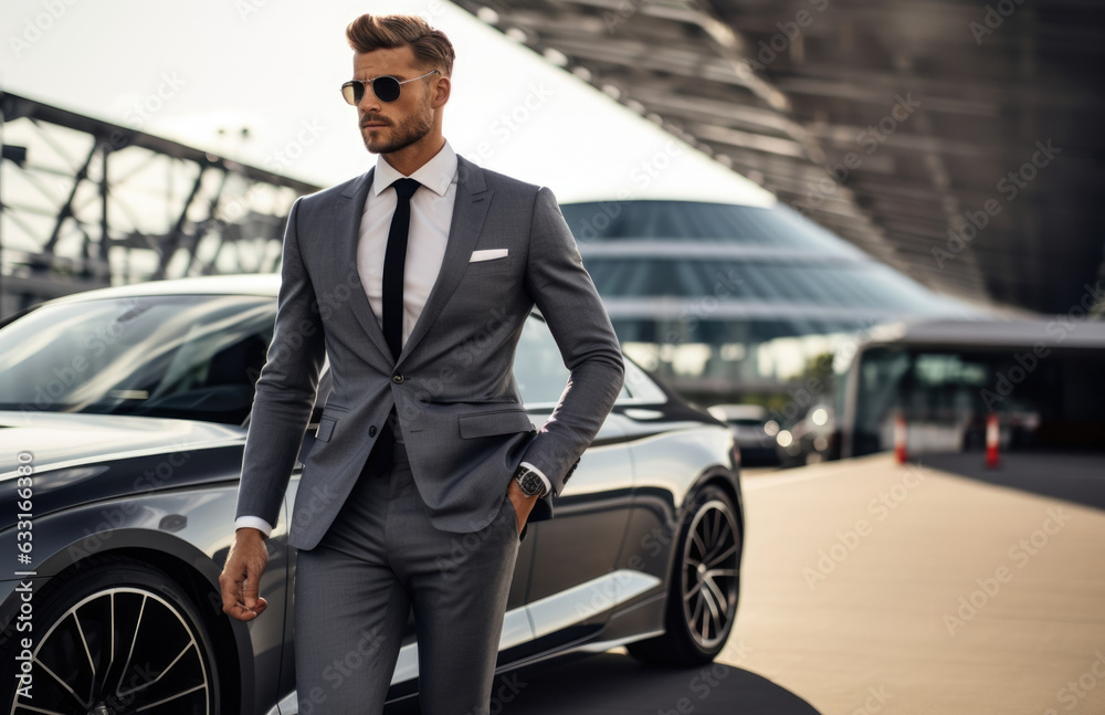 A portrait of a man in a designer suit stepping out of a luxury car ...