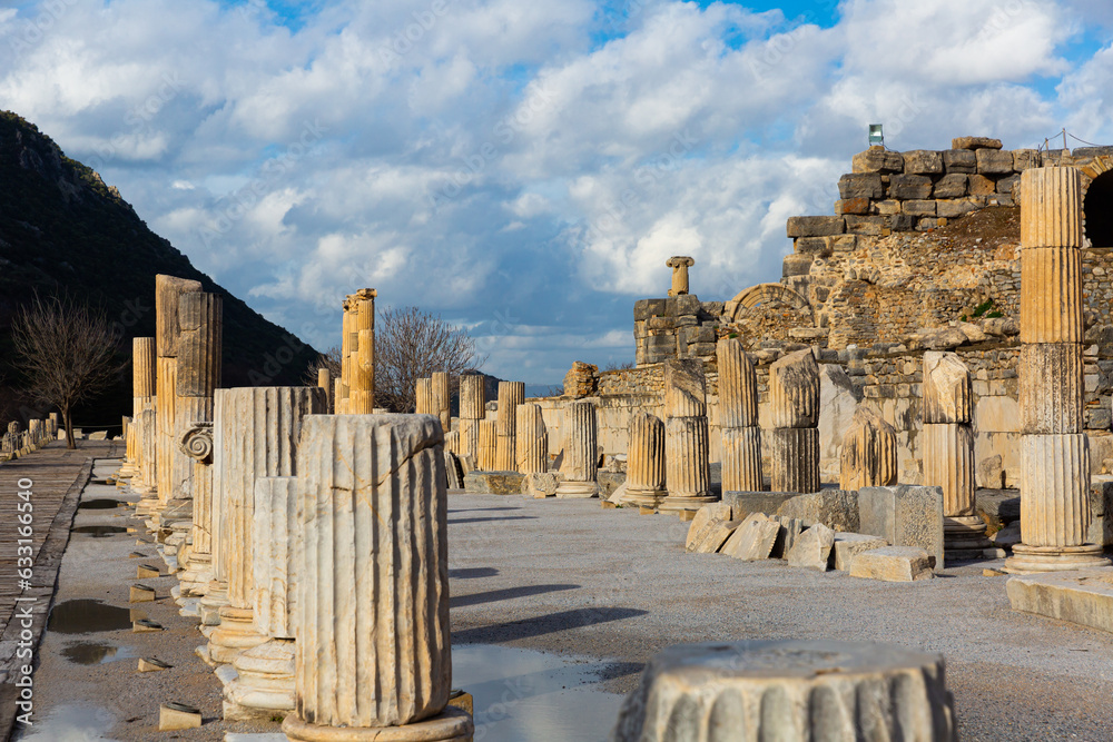 Ruins of the Upper Agora at Ephesus ancient site in Turkey. View of ...
