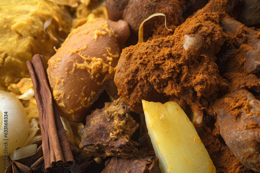 Rendang spices, including turmeric, galangal, and lemongrass, captured ...