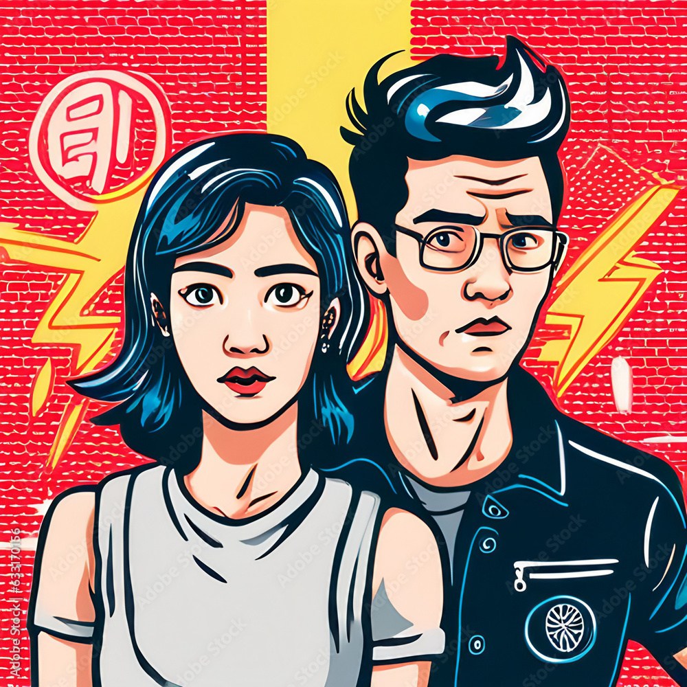 Risograph cartoon art illustration of a young Asian couple posing in ...