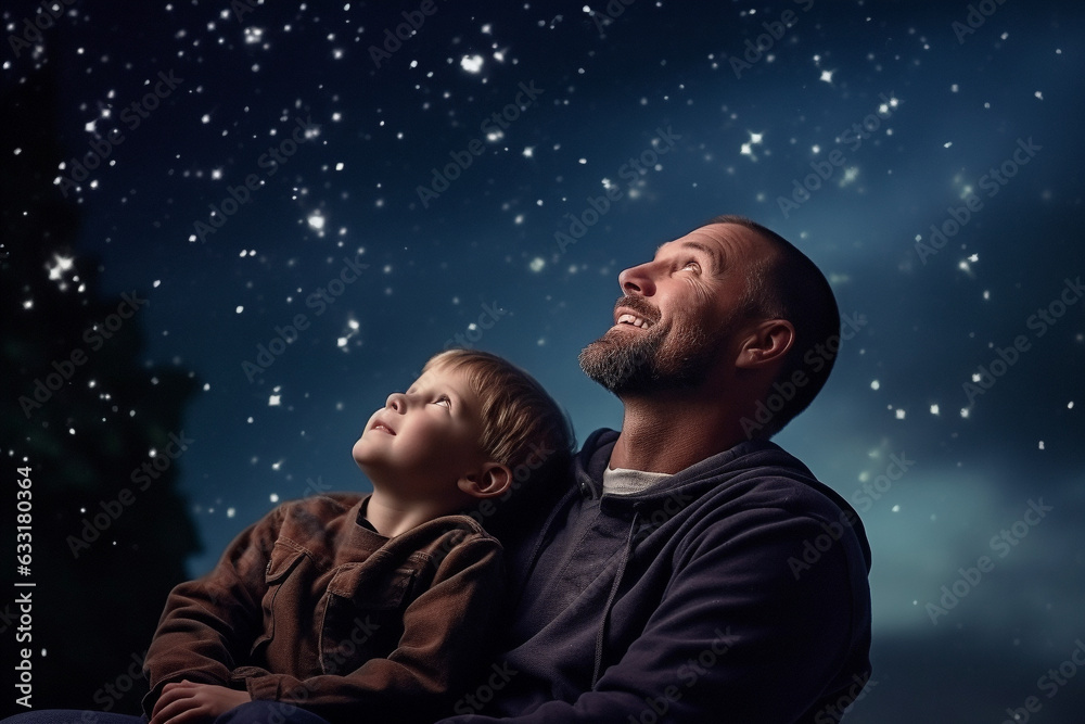 two happy dads and their son gaze up at the starry night sky, creating ...