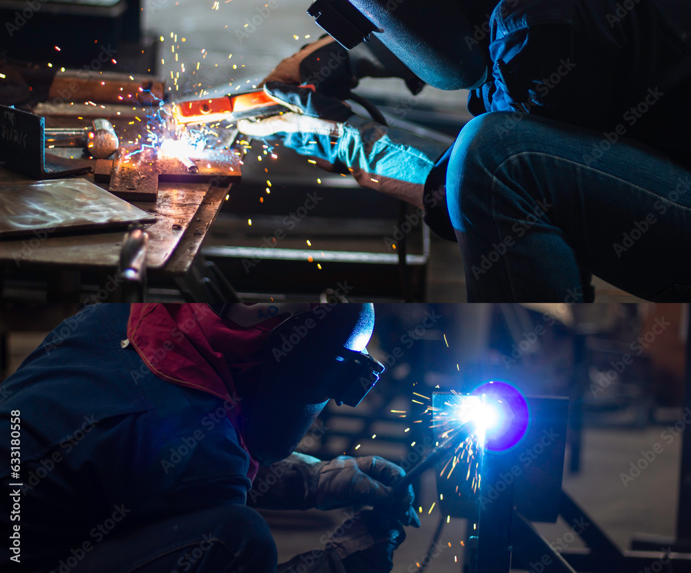 Welder is welding the steel in the factory. Weld the steel in dark ...