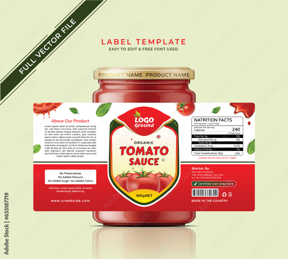 Tomato sauce label bottle jar sticker banner hot ketchup design vector file easy to edit free ...